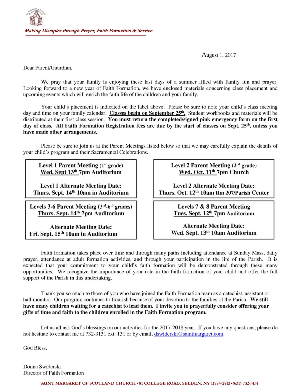 Class Placement Letter | St. Margaret of Scotland R.C. Church